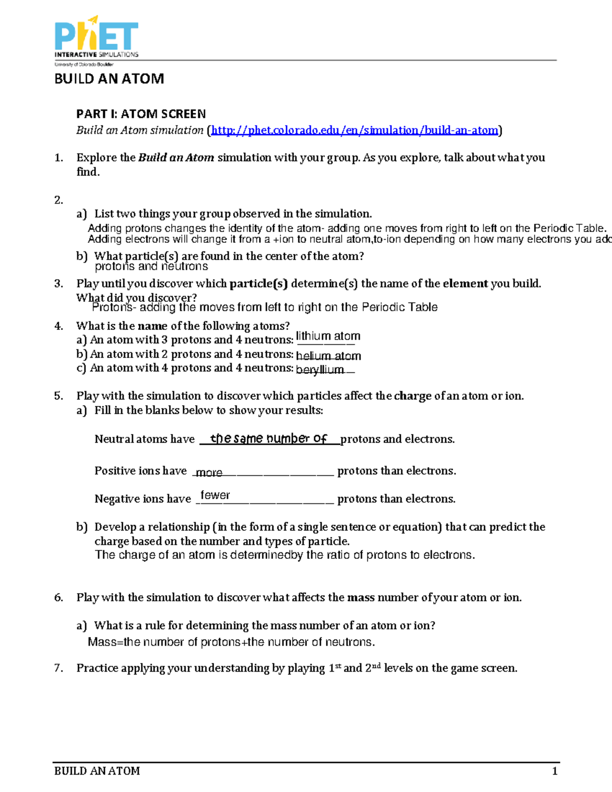 Ph ET Build an Atom - answrers - BUILD AN ATOM PART I: ATOM SCREEN Build an Atom simulation ...