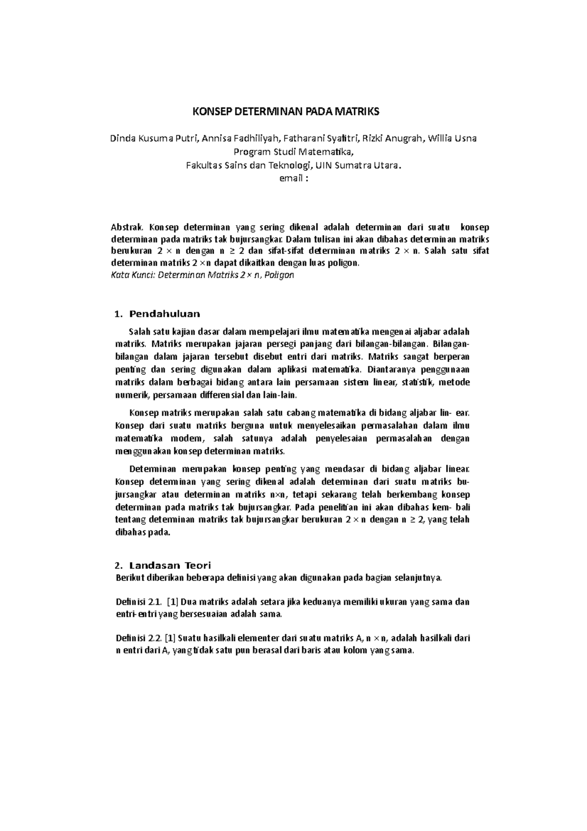 Jurnal Determinan Matriks - KONSEP DETERMINAN PADA MATRIKS Dinda Kusuma ...