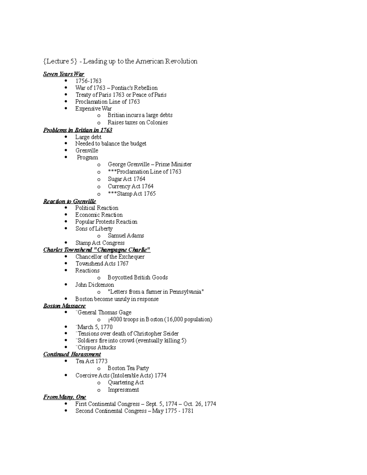 Lecture 5 Notes - HIST 2300 - {Lecture 5} - Leading up to the American ...