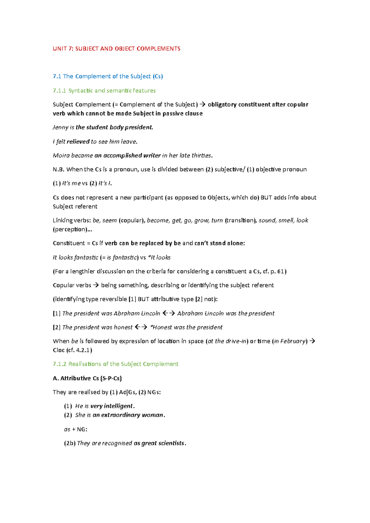 UNIT 7 - Apuntes 7 - UNIT 7: SUBJECT AND OBJECT COMPLEMENTS 7 The ...