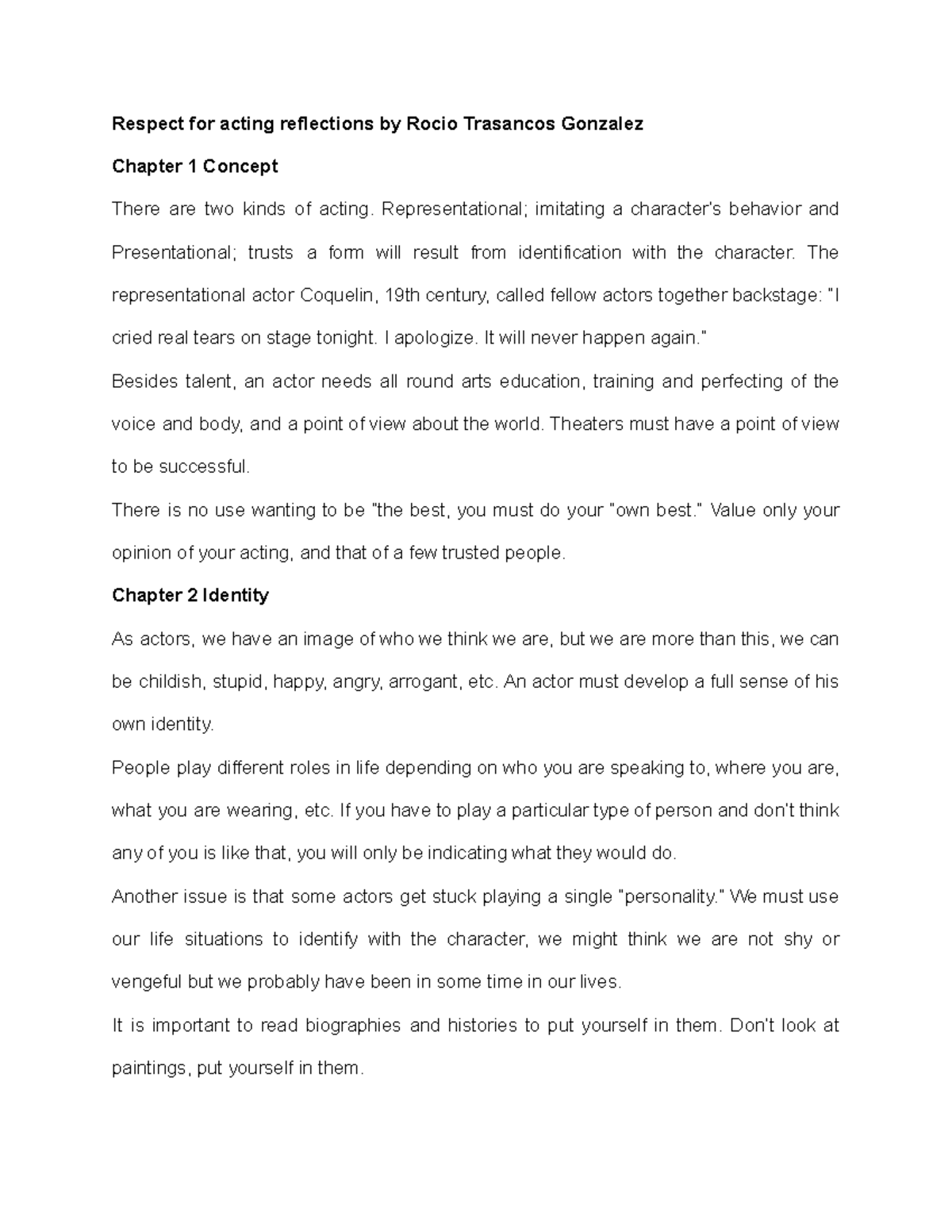 Respect for Acting Reflections - Chapter 1-3 - Studocu