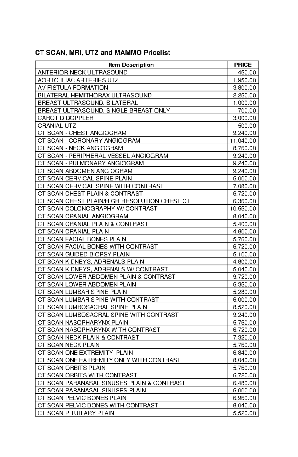 CT SCAN MRI UTZ and Mammo Pricelist - CT SCAN, MRI, UTZ and MAMMO ...