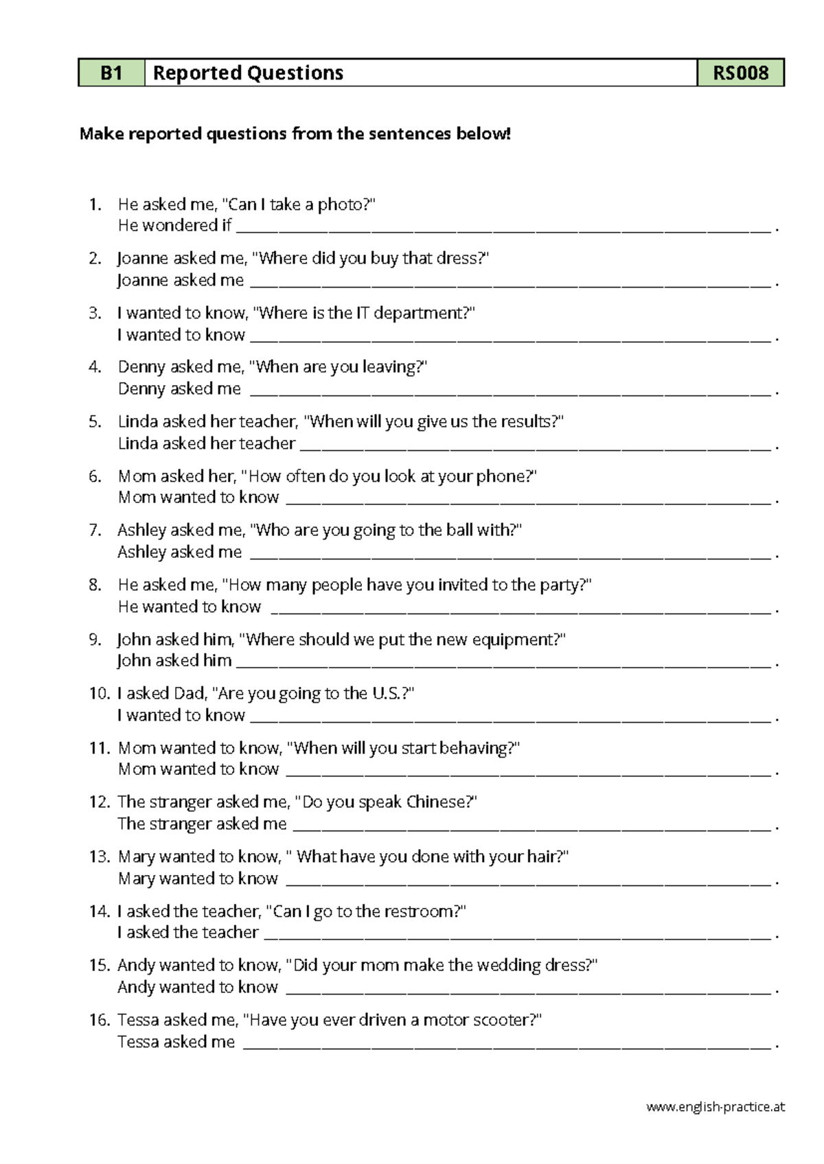 Rs008 reported questions 1 - english-practice B1 Reported Questions RS 008 Make reported ...