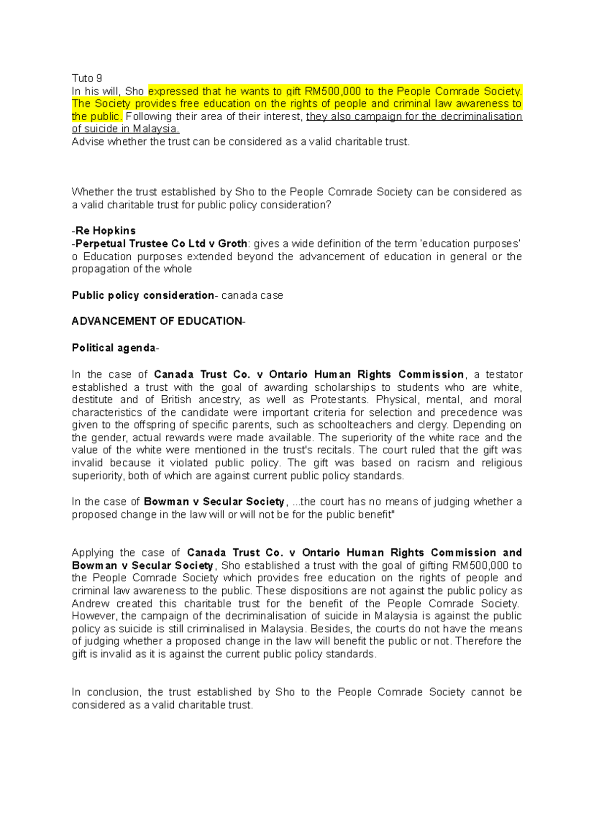 Tuto 9 - Tutorial question and answer - Tuto 9 In his will, Sho ...