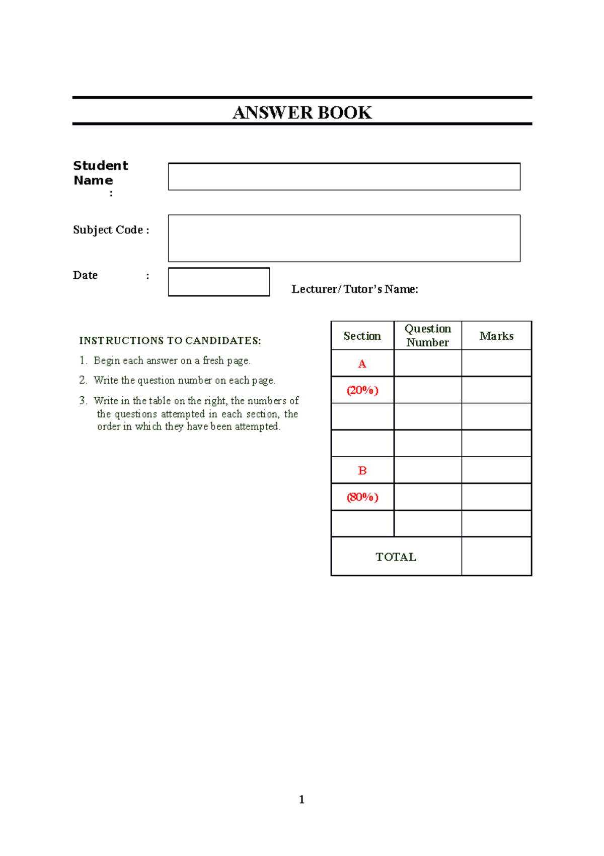assignment of education - ANSWER BOOK Student Name : Subject Code ...