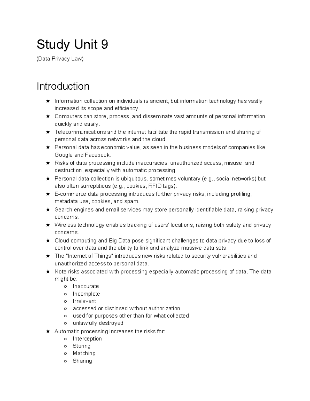 Study Unit 9 - SU9 notes for cyber law - Study Unit 9 (Data Privacy Law ...