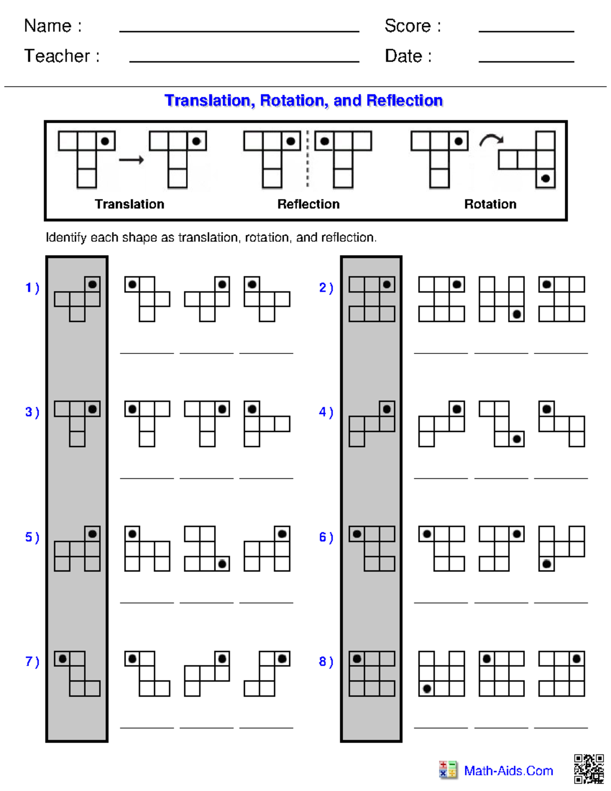 Lesson 1 Transformations worksheet - Name : Teacher : Date : Score ...
