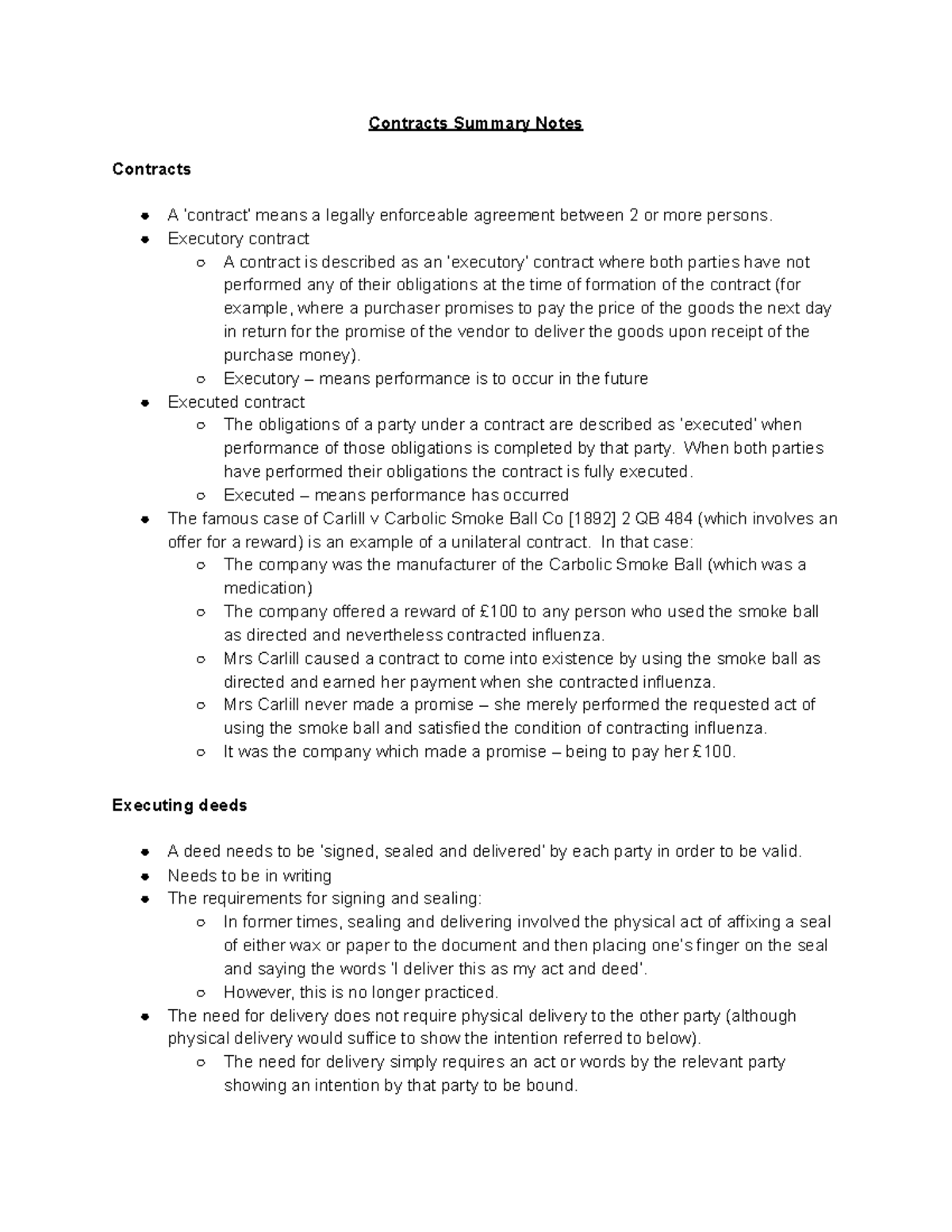 Summary Notes for Contracts Subject - Contracts Summary Notes Contracts ...