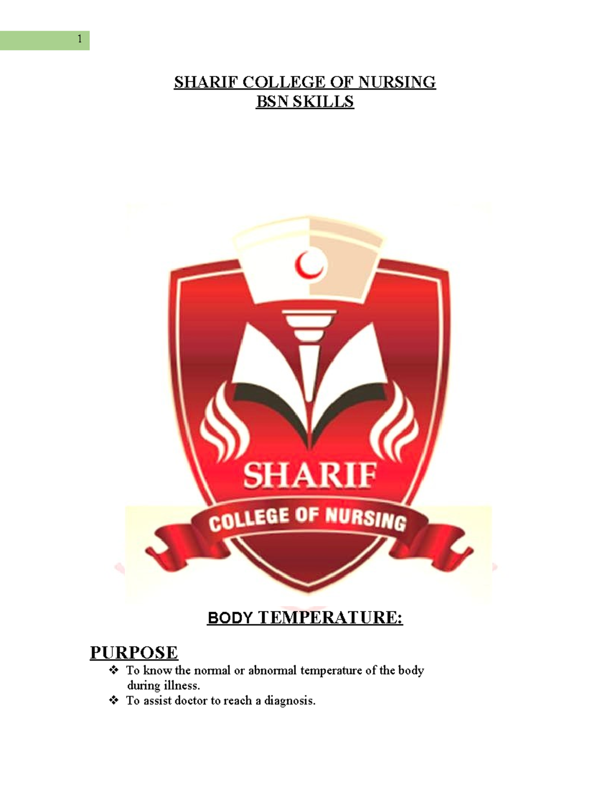 Skills 1ST YR shrif con - SHARIF COLLEGE OF NURSING BSN SKILLS BODY ...