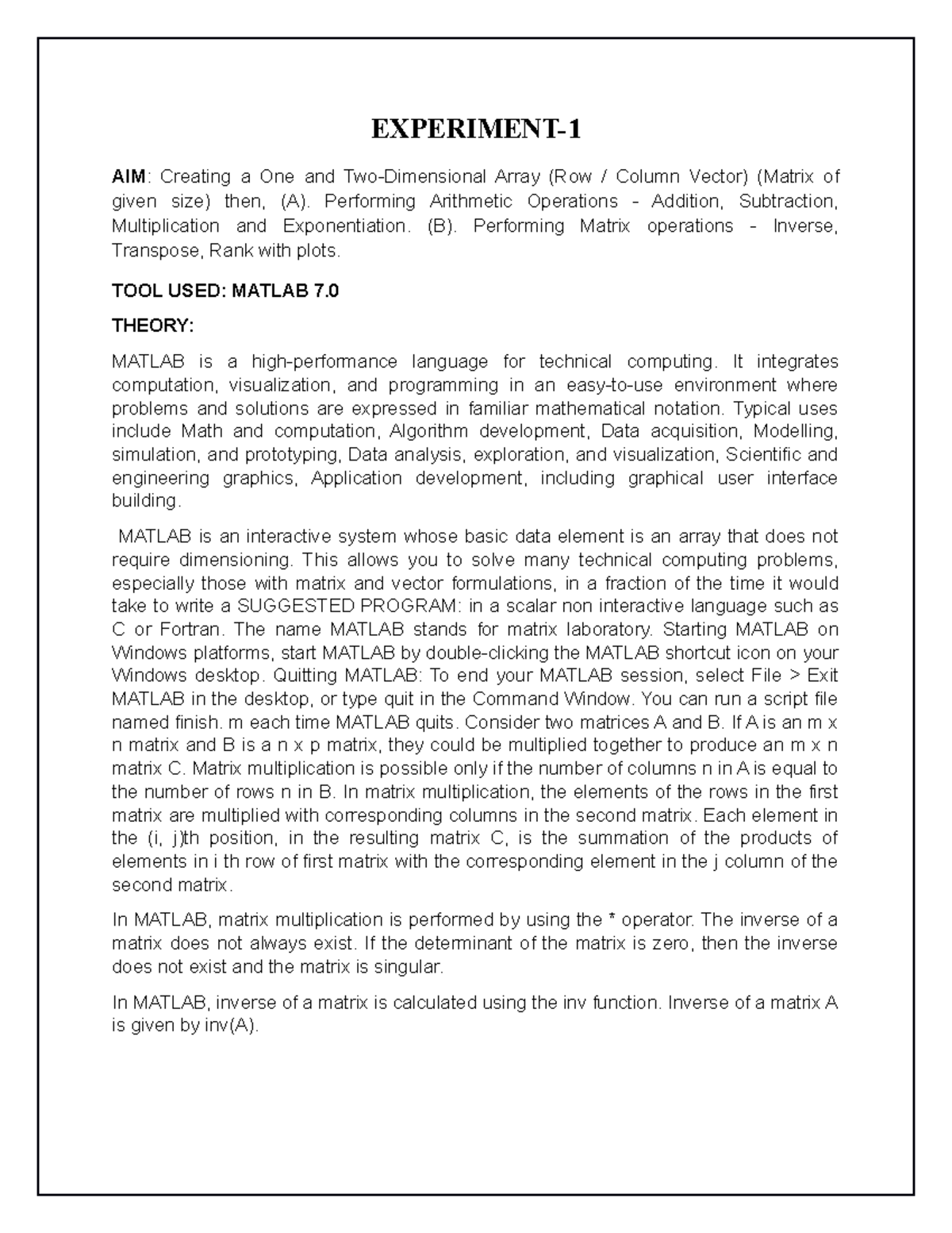 Basic Simulation Lab 1 Experiment Aim Creating A One And Two Dimensional Array Row Column