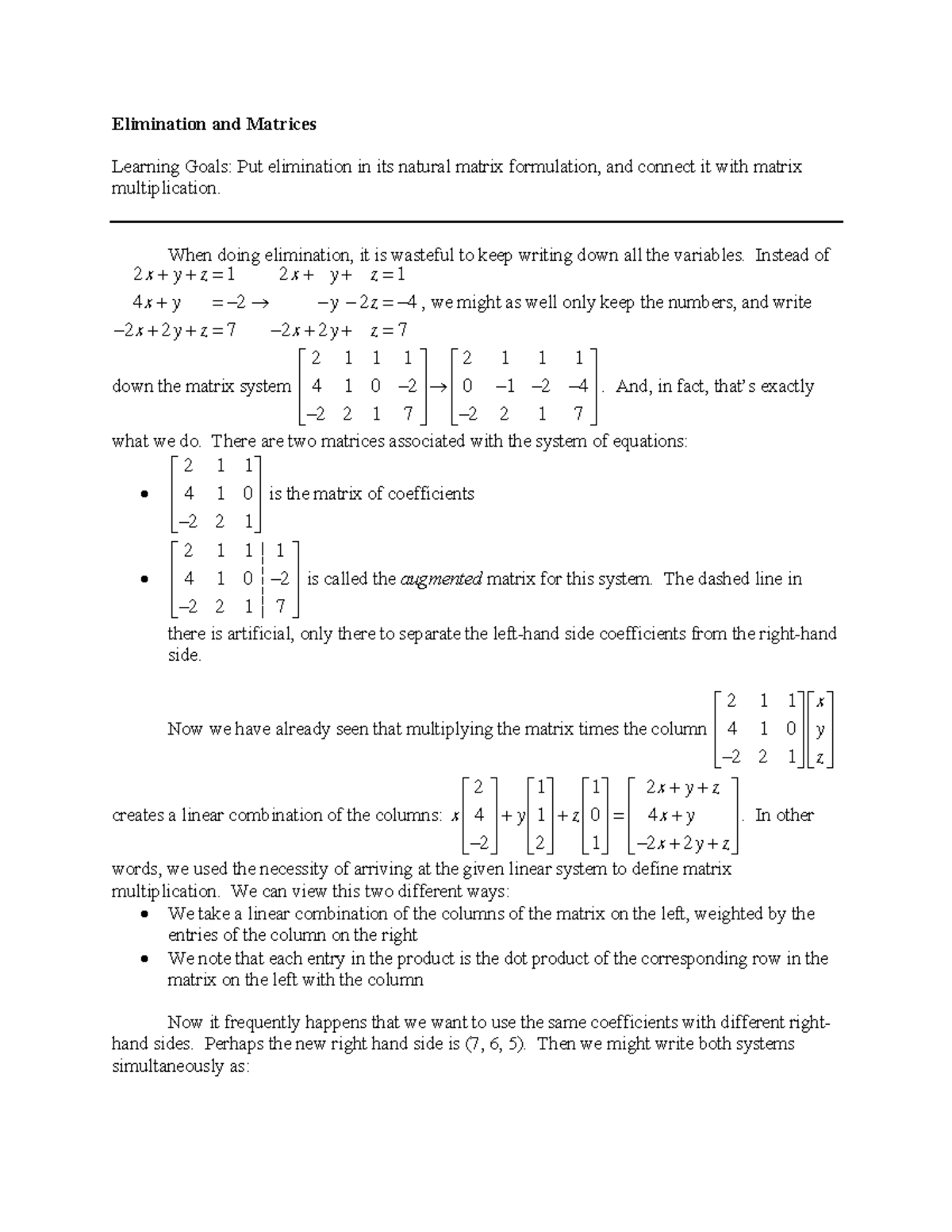 Elimination and Matrices - Studocu