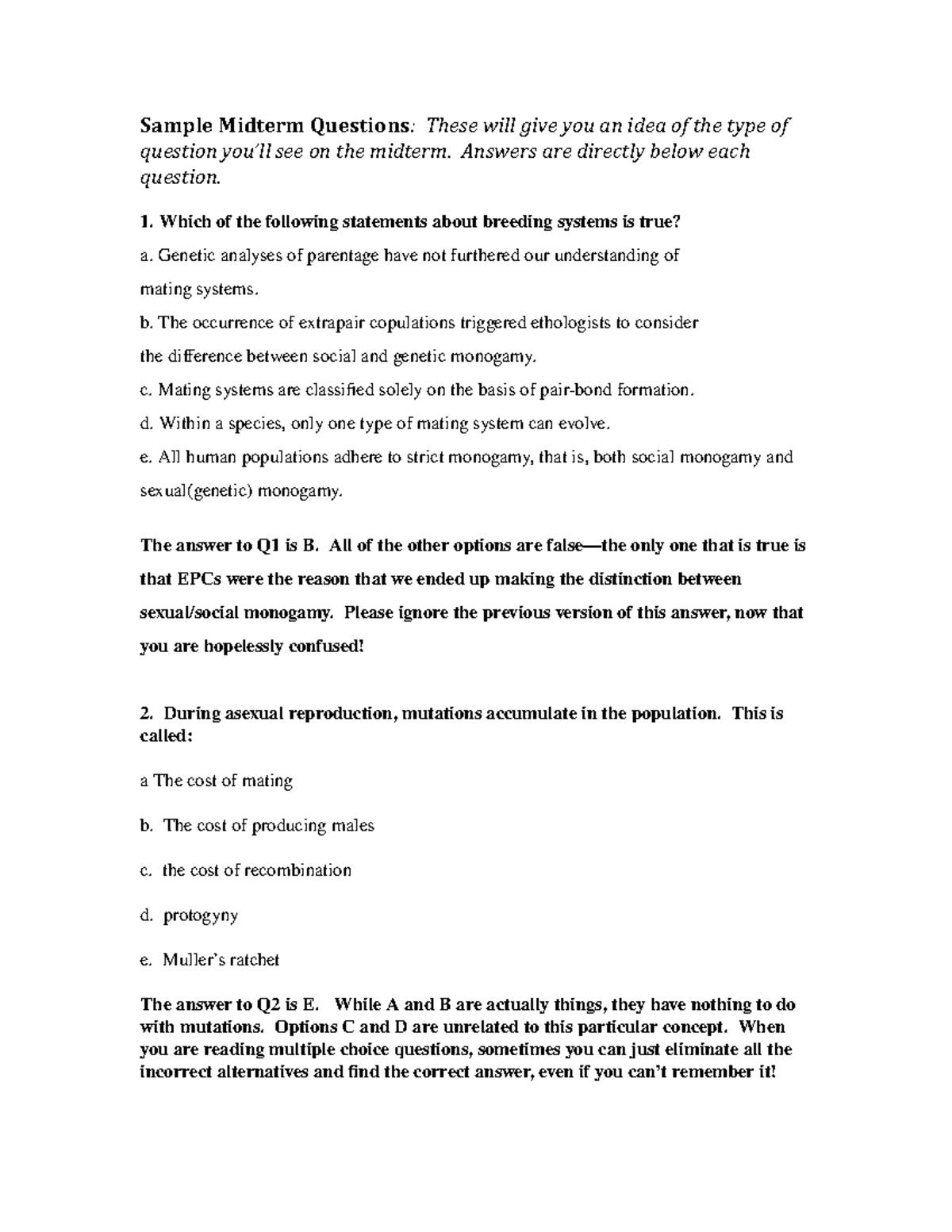 Sample Midterm Questions - Answers are directly below each question. 1. Which of the following ...