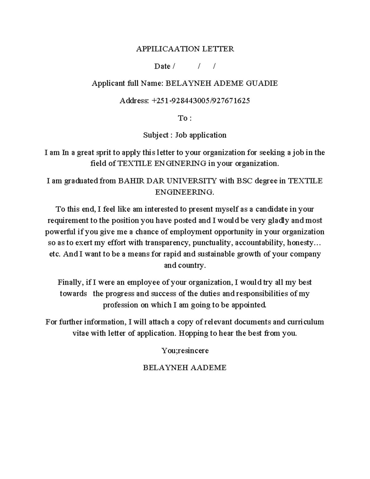 Belay letter - study the first class by studying more - APPILICAATION LETTER Date ...