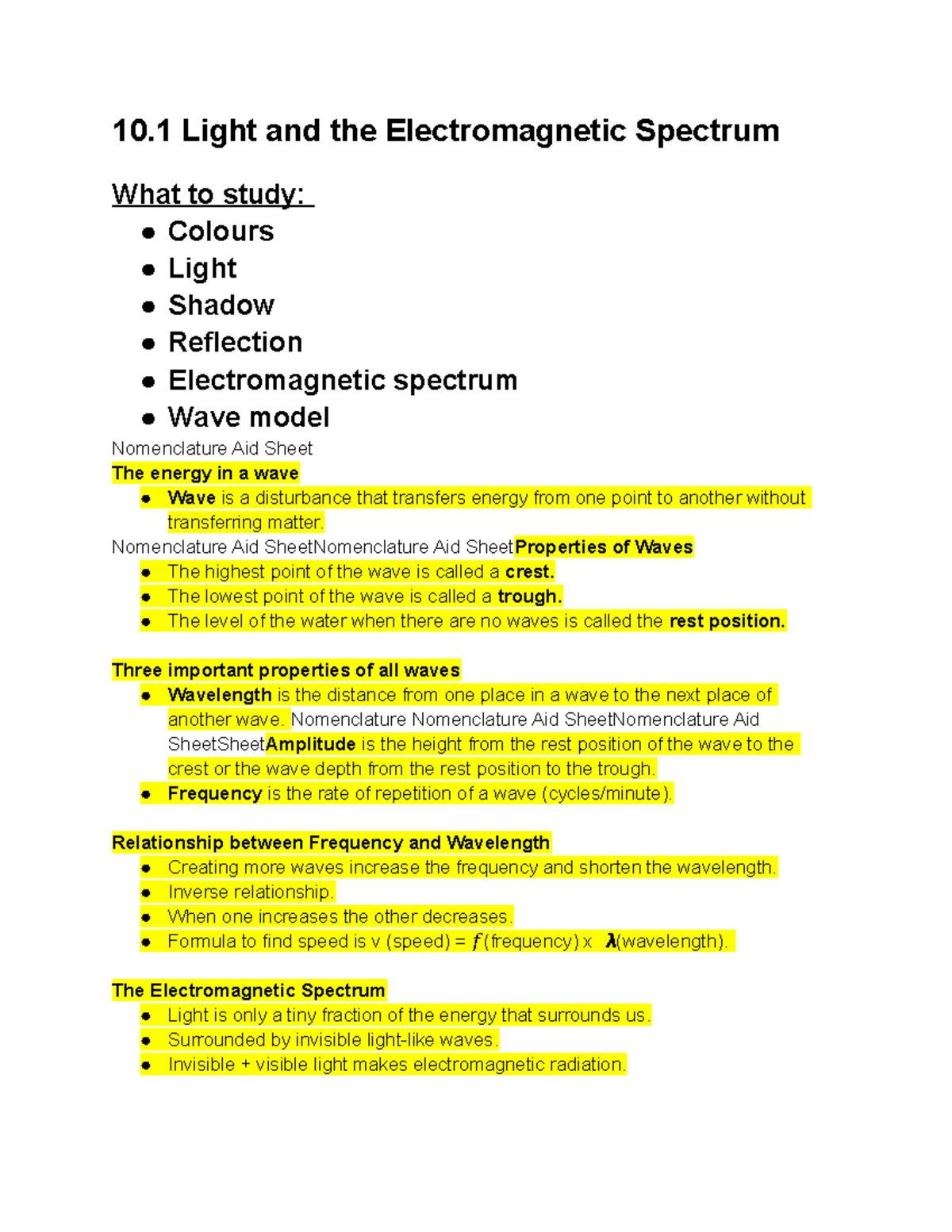 Notes - 10 Light and the Electromagnetic Spectrum What to study ...