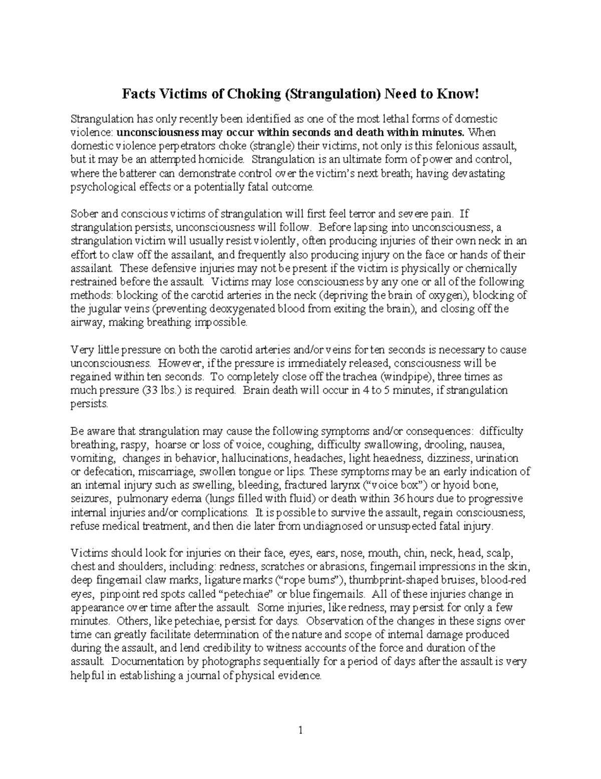 Strangulation Informationfor Victims 2013 04221443309524 - 1 Facts Victims of Choking - Studocu