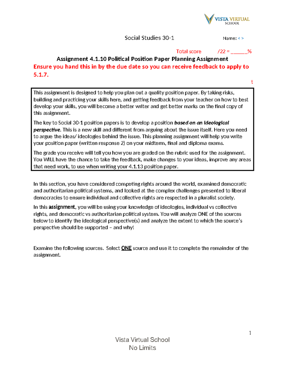 4.1.10 Political Position Paper draft - Social Studies 30-1 Name: Total ...