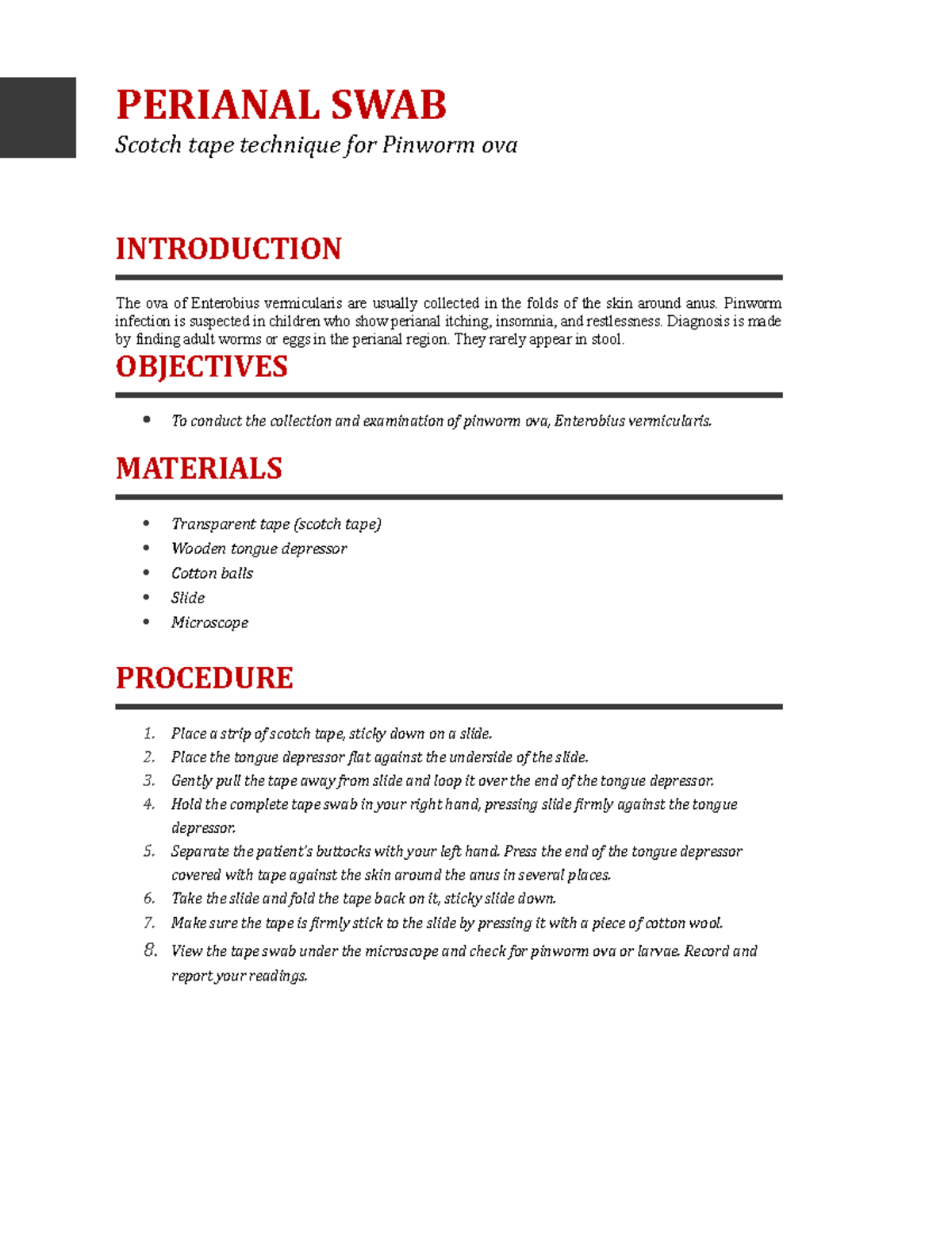 KOH Mount - Lecture notes 3 - PERIANAL SWAB Scotch tape technique for ...