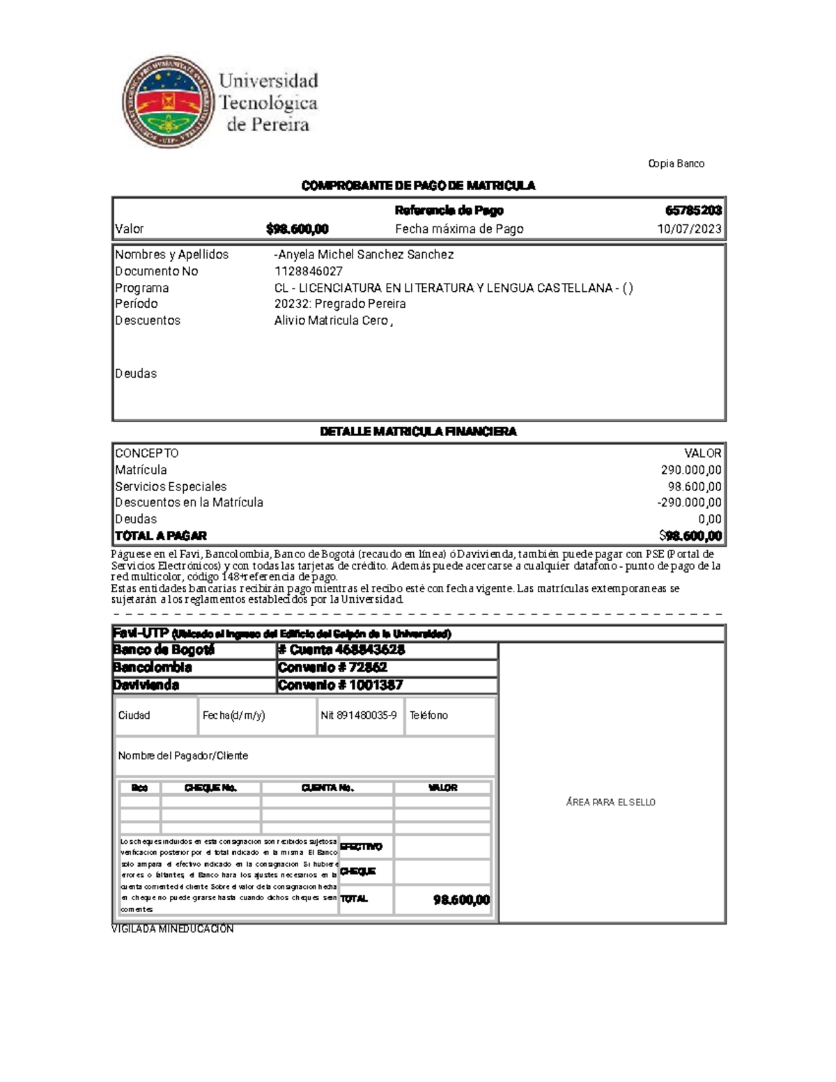 Recibos de Pago Angie - UTP - Ciudad Fecha(d/m/y) Nit 891480035-9 ...