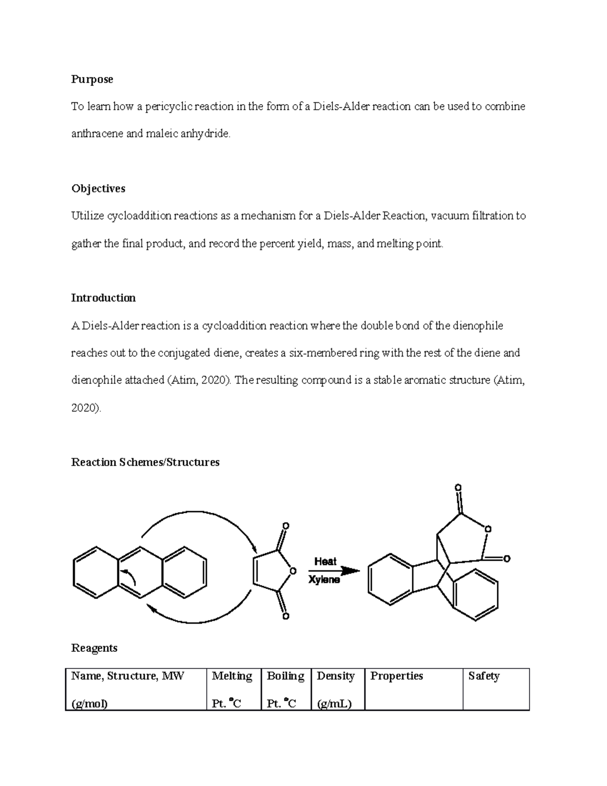 Experiment 1 Pre Lab - Diels-Alder Reaction - Purpose To learn how a ...