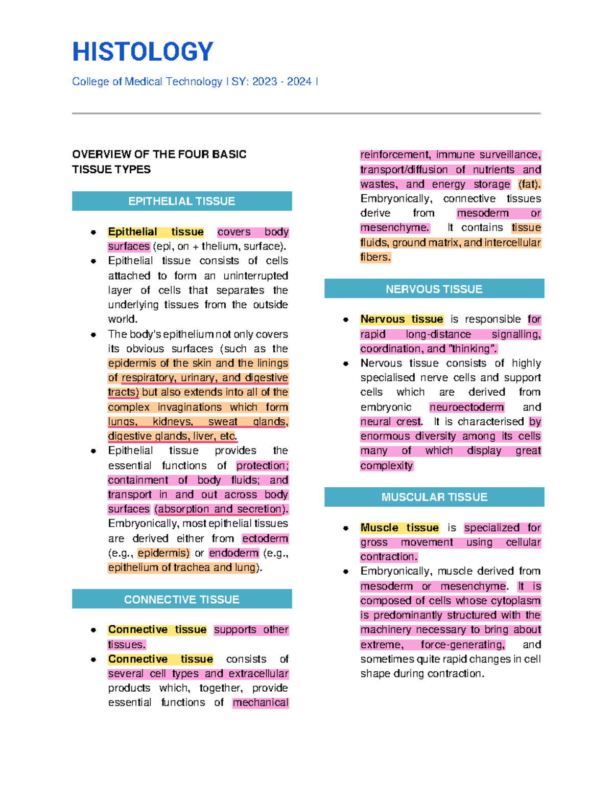 Epithelial-Tissue - HISTOLOGY College of Medical Technology I SY: 2023 ...