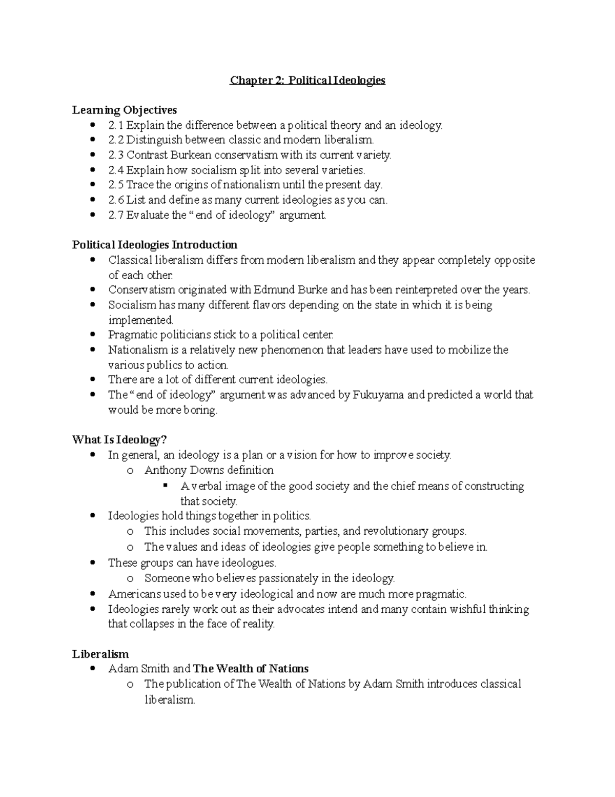 Chapter Two Notes - Chapter 2: Political Ideologies Learning Objectives ...