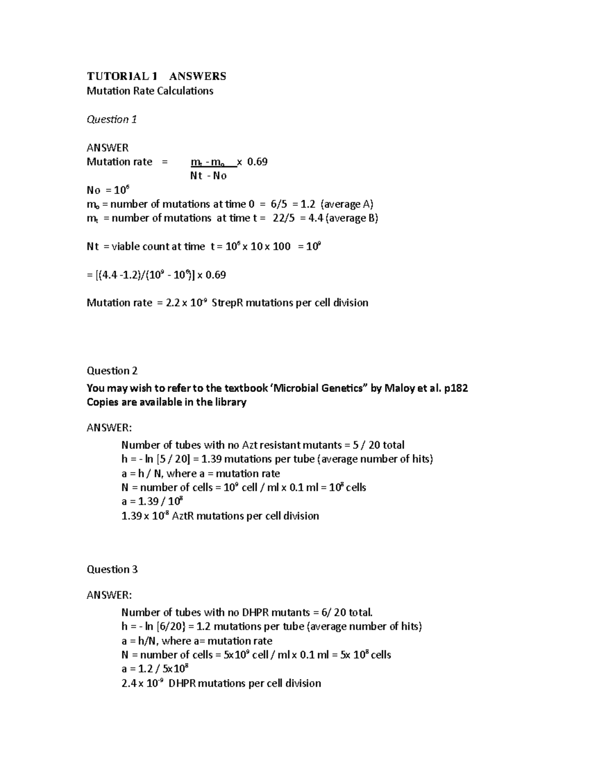 Tutorial 1 Mutation Answers - TUTORIAL 1 ANSWERS Mutation Rate ...