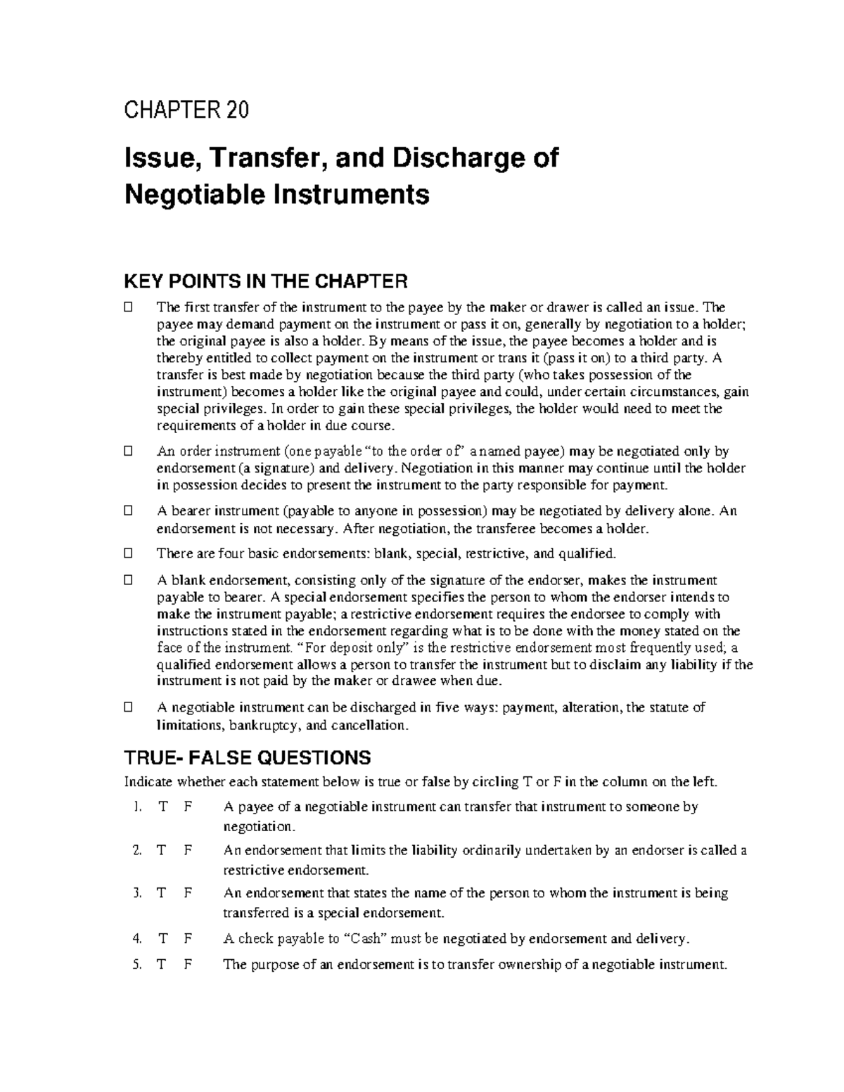 Ch20 Issue Transfer and Discharge of Negotiable Instruments - CHAPTER 20 Issue, Transfer, and ...