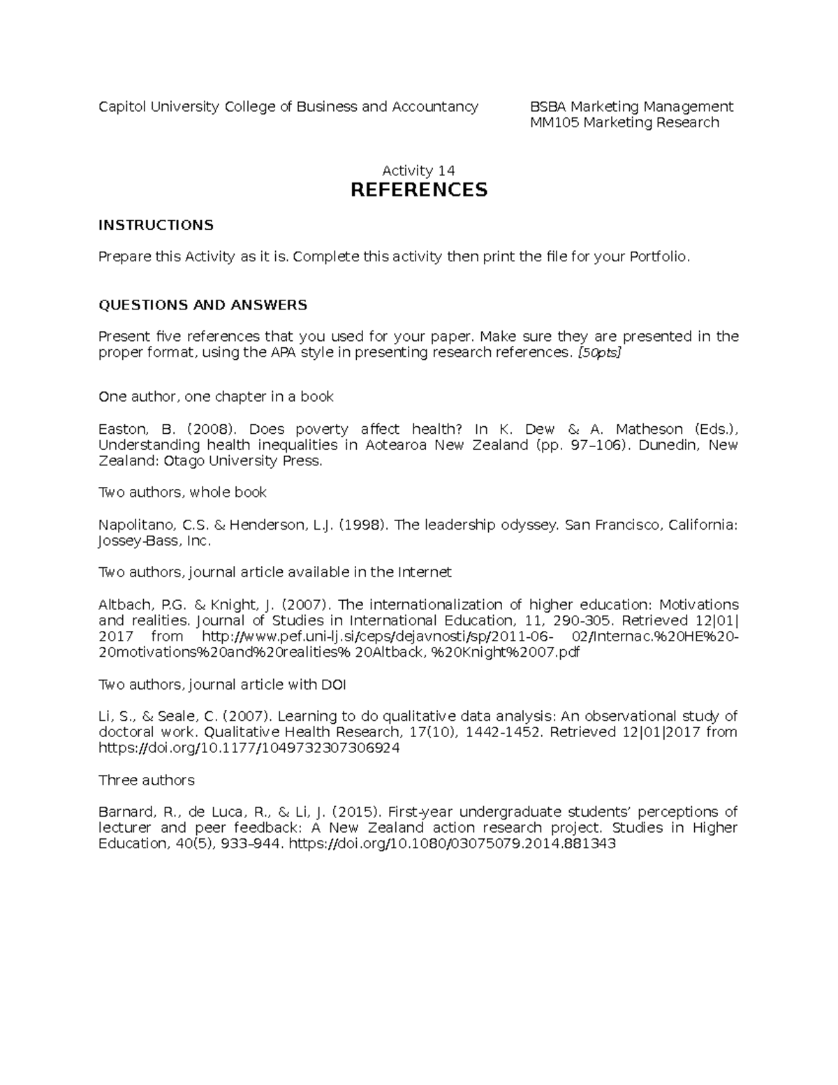 References - Capitol University College of Business and Accountancy BSBA Marketing Management ...