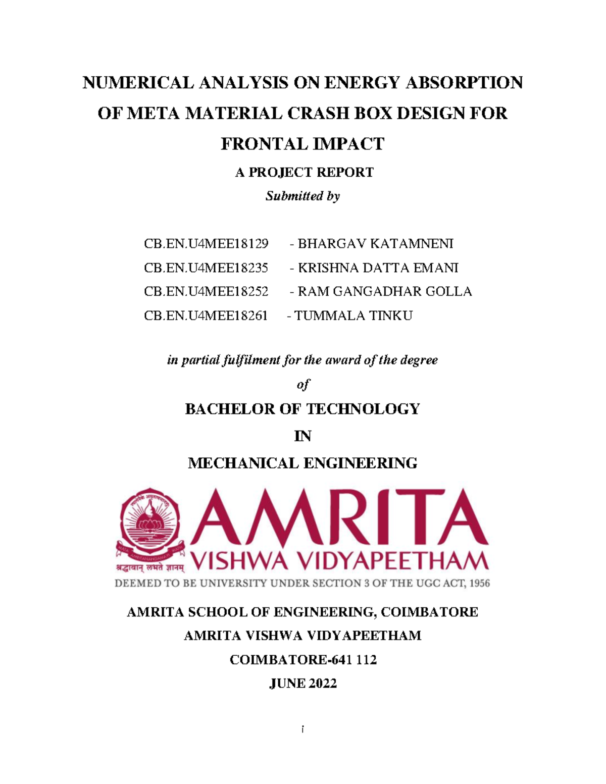 D - 8 Final Report - Project - i NUMERICAL ANALYSIS ON ENERGY ...