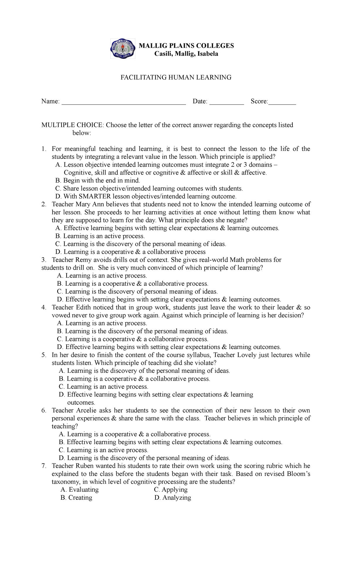 Facilitating Human Learning 1 - MALLIG PLAINS COLLEGES Casili, Mallig, Isabela FACILITATING ...