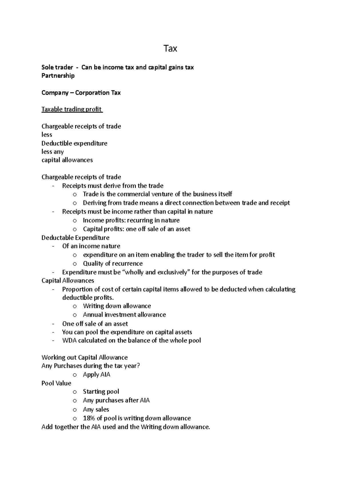 Tax Notes- Very rough - Tax Sole trader - Can be income tax and capital ...
