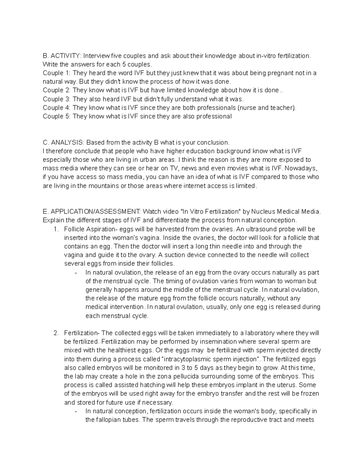 Facilitating Reproduction - B. ACTIVITY: Interview five couples and ask ...