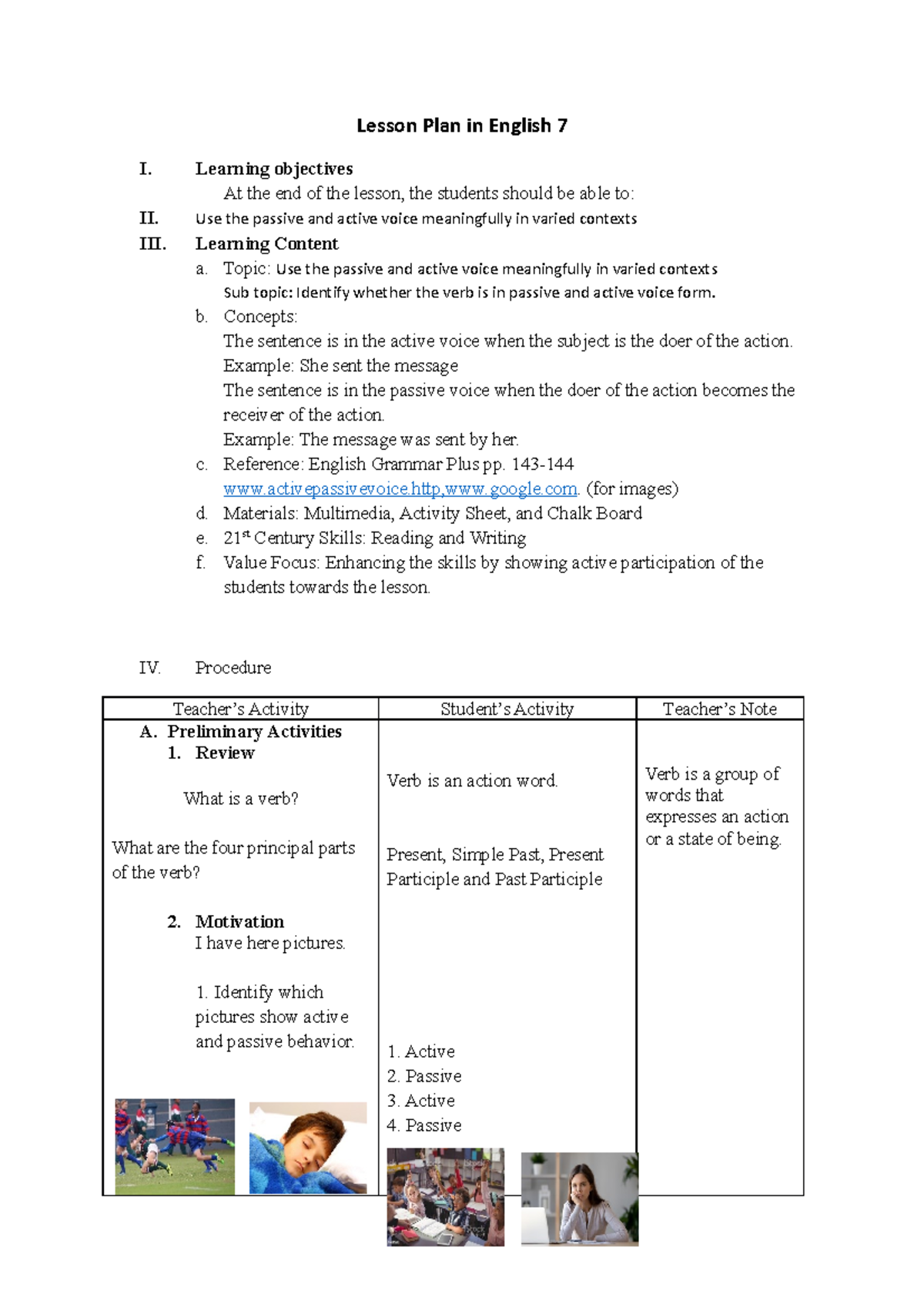 Active passive page 1 - Lesson Plan in English 7 I. Learning objectives ...