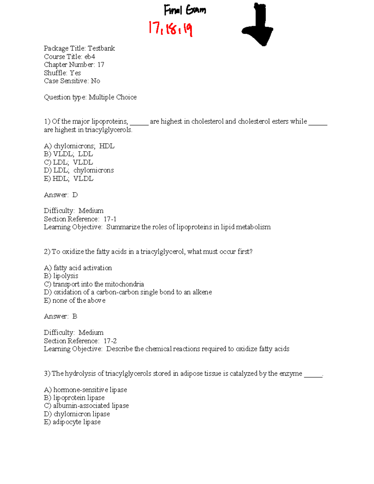 CH 17 Q - Textbook QA CH 17 - Package Title: Testbank Course Title: eb ...