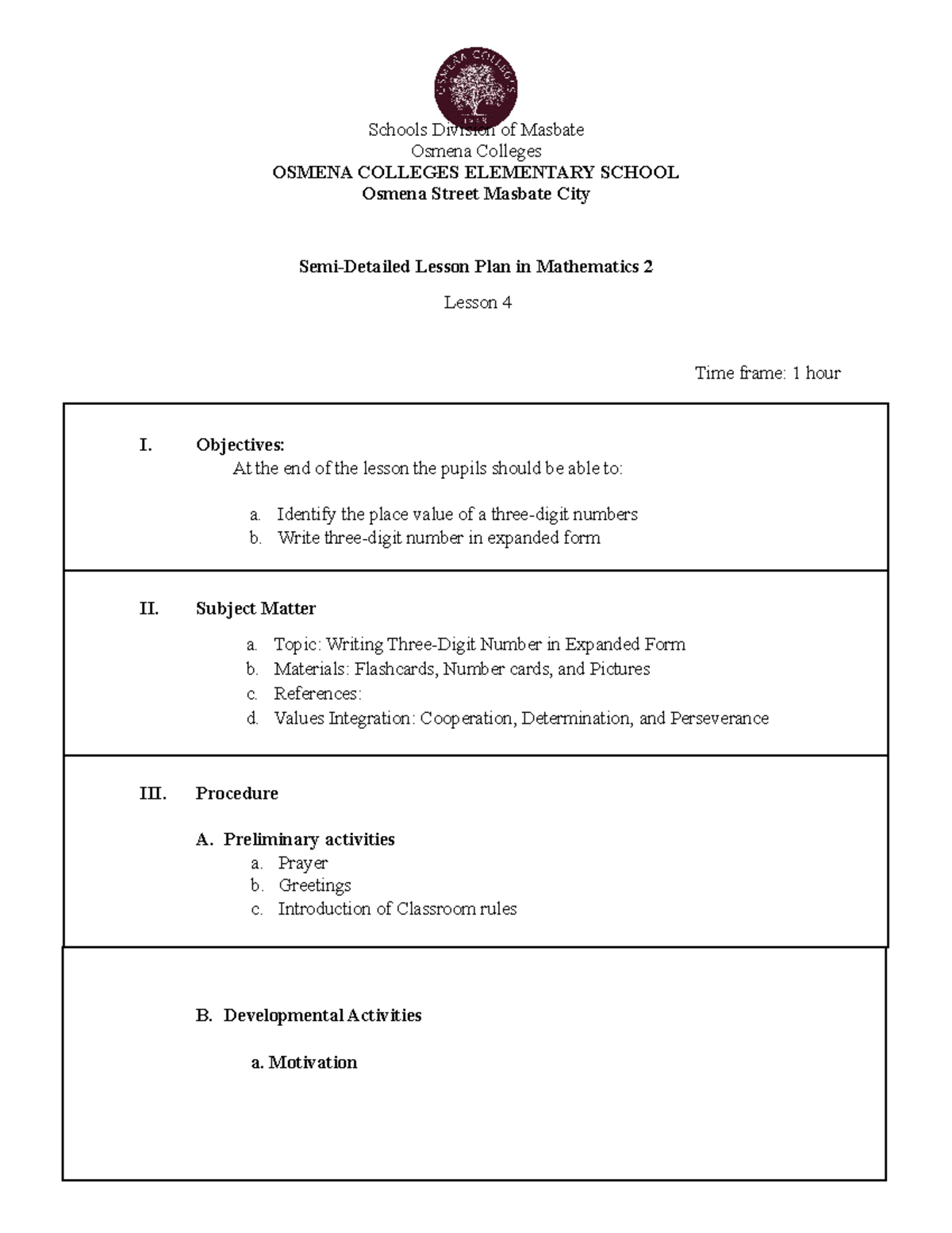 Math-lp - LESSON PLAN - Semi-Detailed Lesson Plan in Mathematics 2 ...