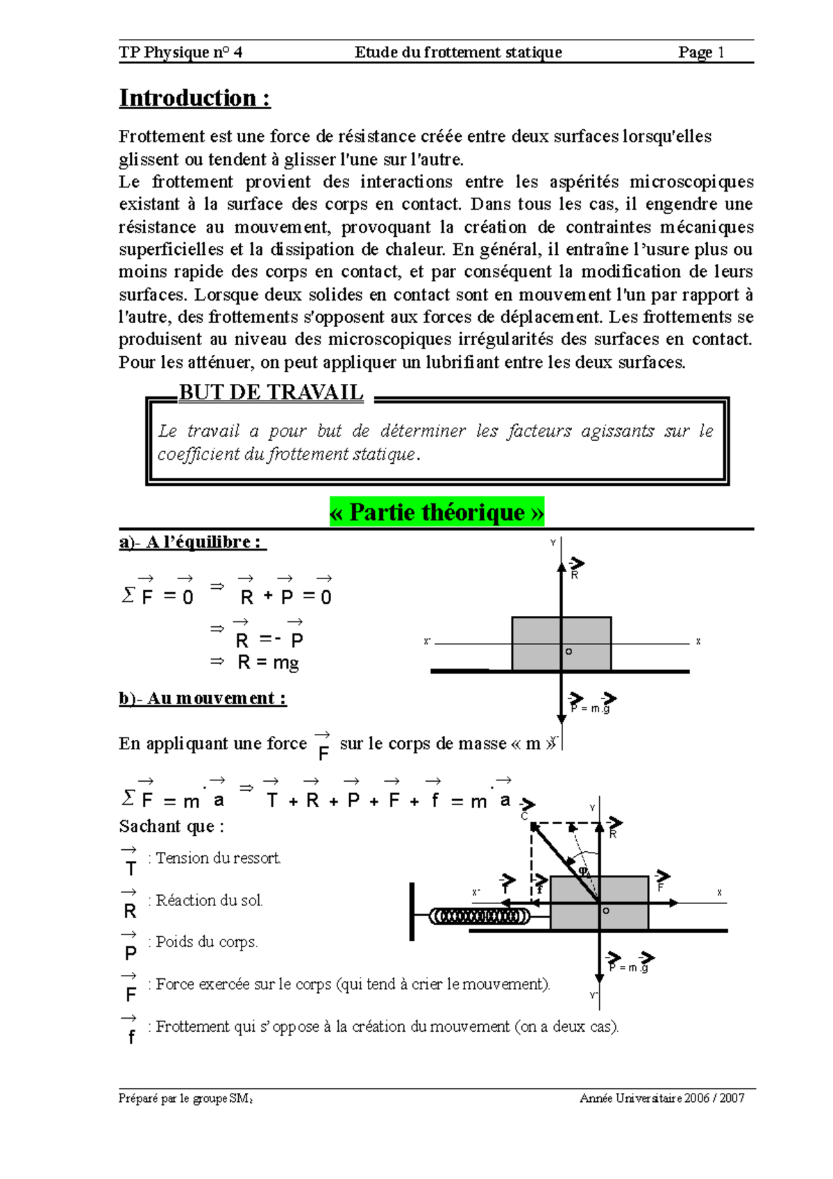 TP n° 4 (Etude du frottement statique) - Introduction : Frottement est ...