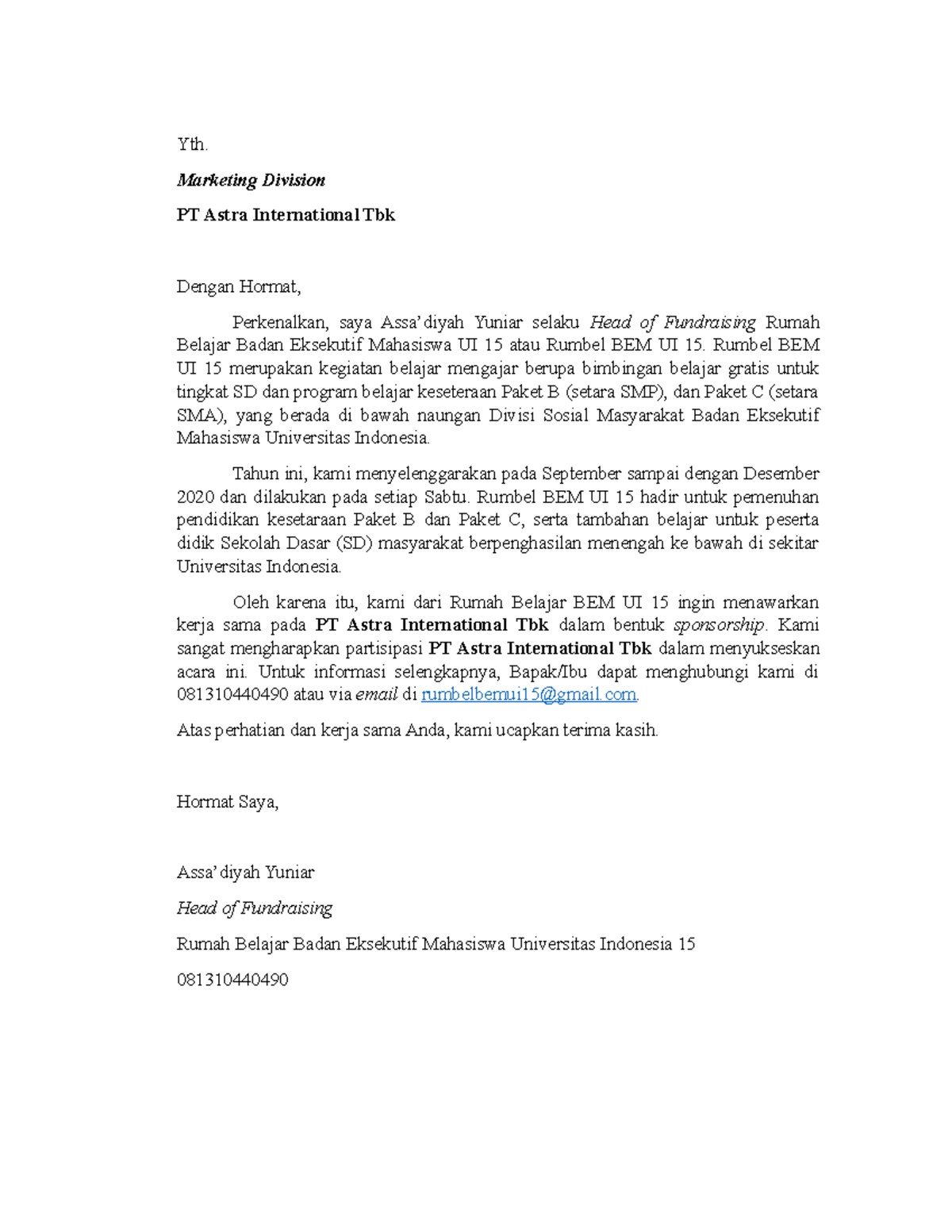Body email dengan proposal - Yth. Marketing Division PT Astra ...