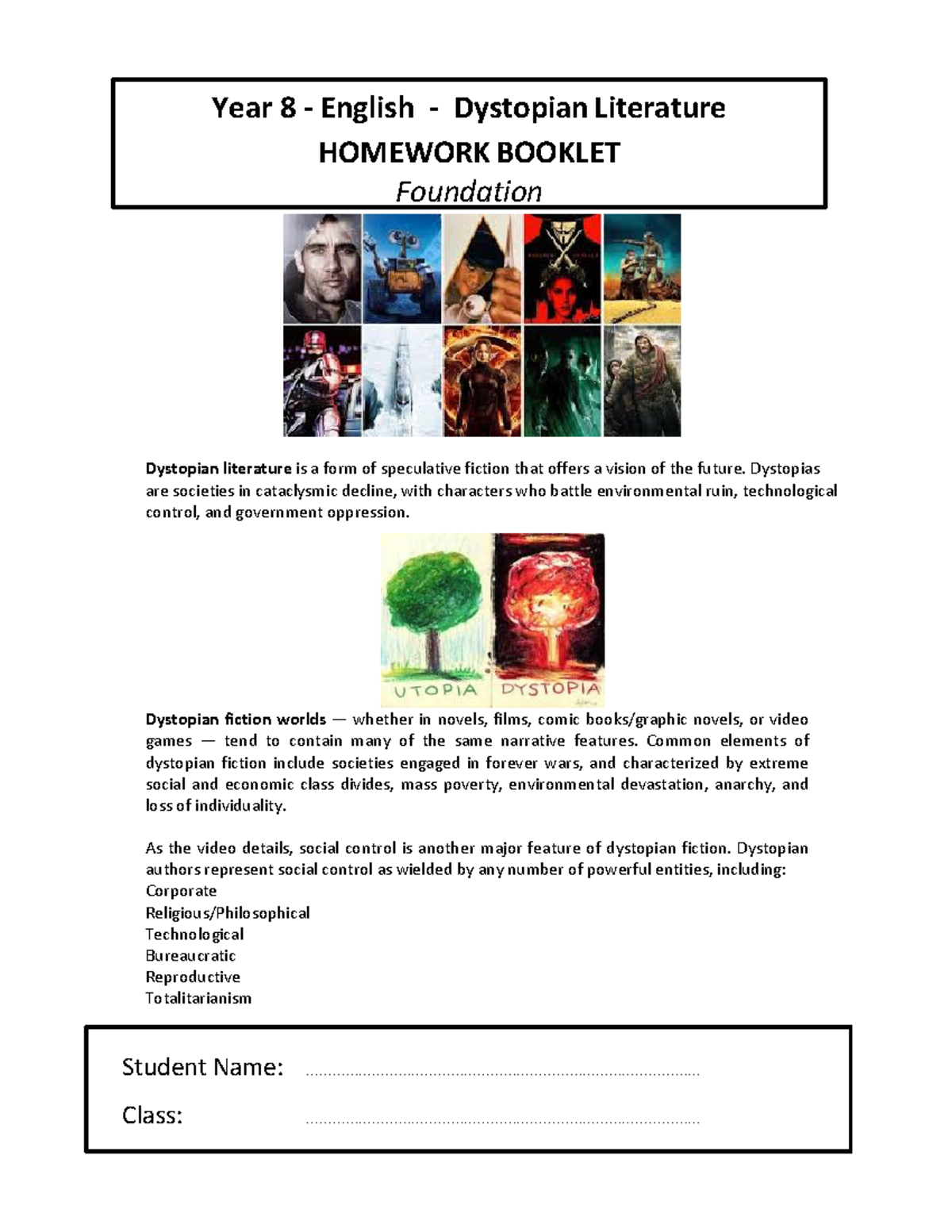 English - Dystopian Text Introduction Homework Booklet Yr 8 - Student ...