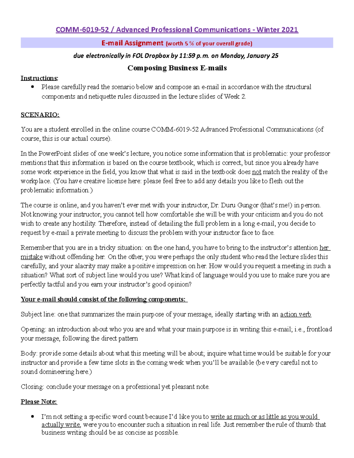 COMM-6019-52-W21-Email Assignment - COMM-6019-52 / Advanced Professional Communications - Winter ...