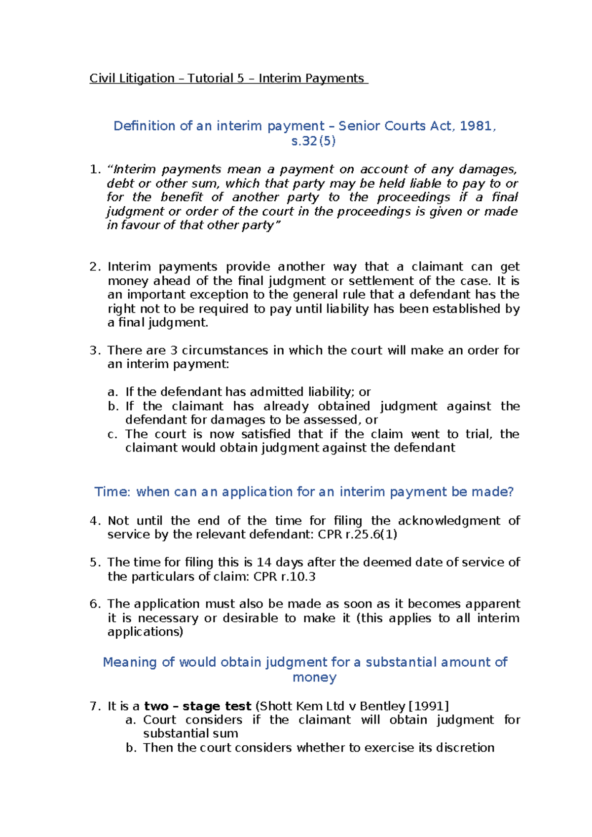 Civil Lit - Interim Payments - Civil Litigation – Tutorial 5 – Interim ...