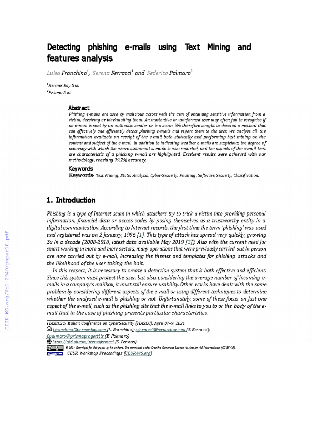 Paper 10 - literature review - Detecting phishing e-mails using Text Mining and features ...