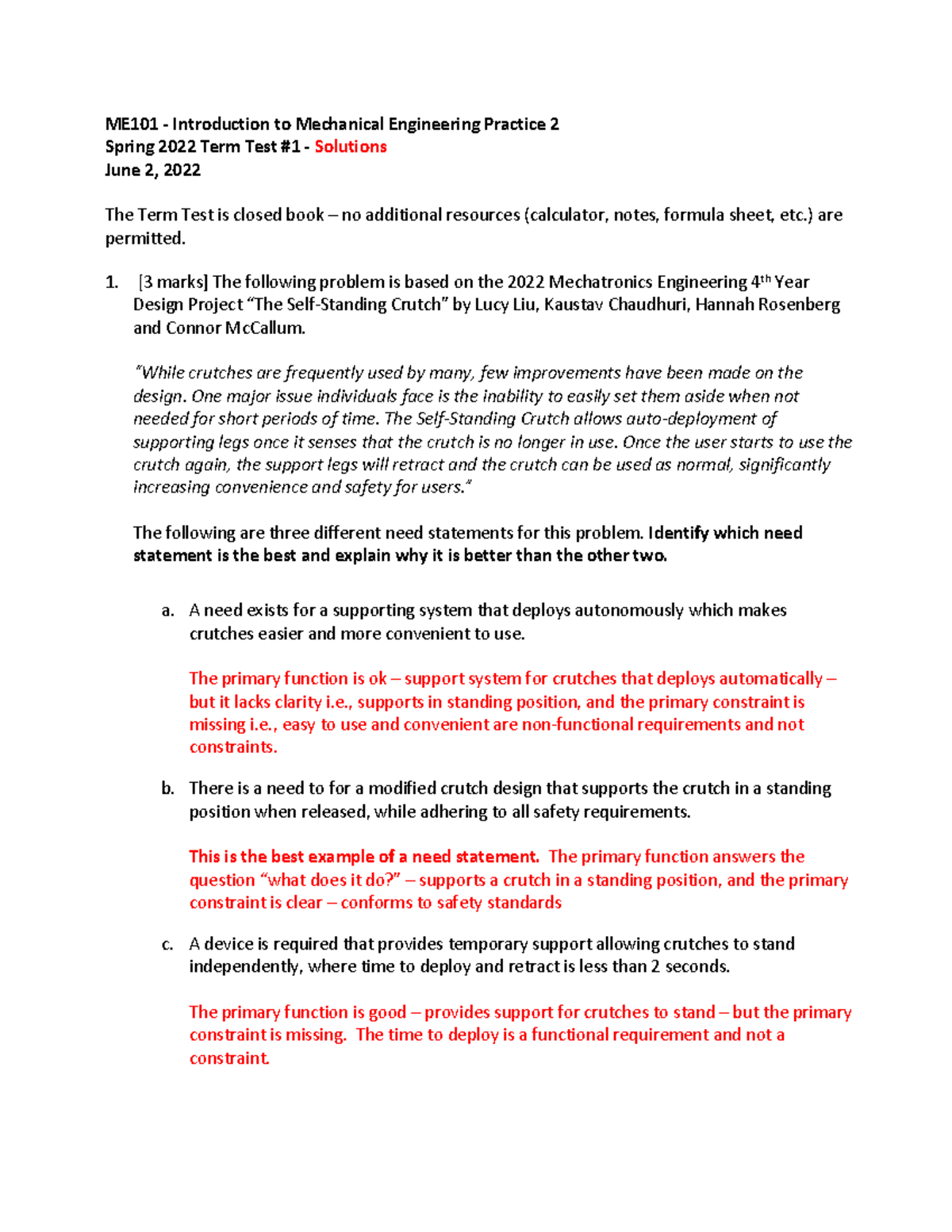 ME101 test1 S22 - with solutions - ME101 ‐ Introduction to Mechanical ...