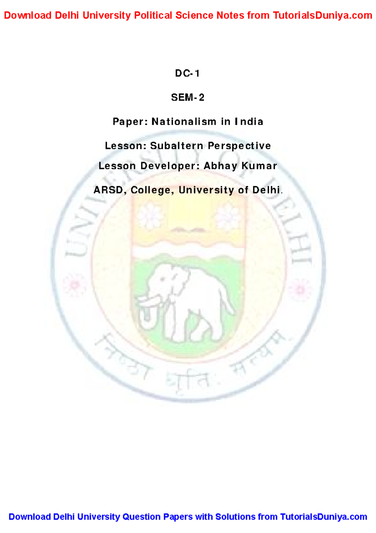 Subaltern Perspective - D C- 1 SEM - 2 Pa pe r : N a t iona lism in I ...