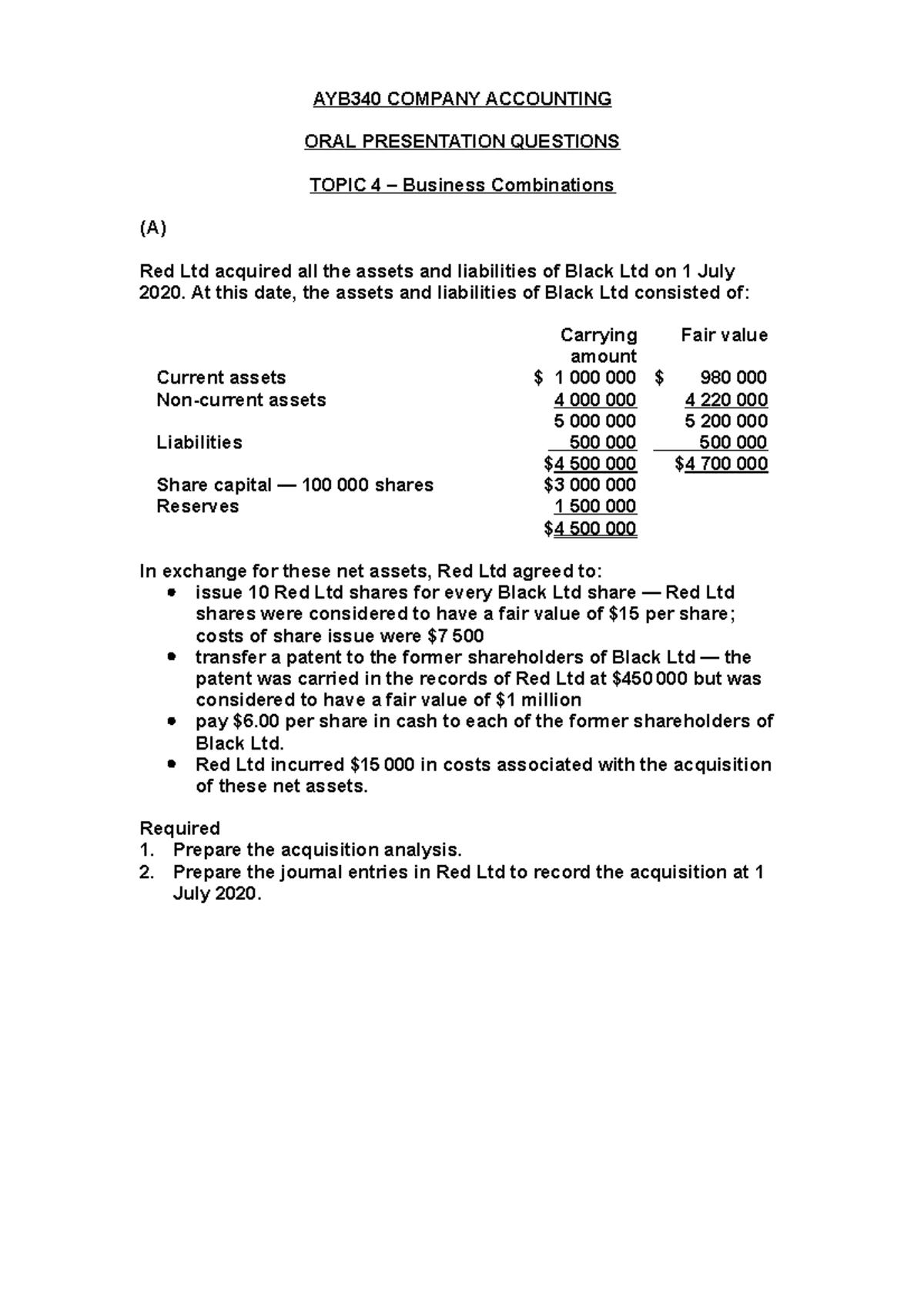 Presentation Questions - Topic 4 - AYB340 COMPANY ACCOUNTING ORAL ...
