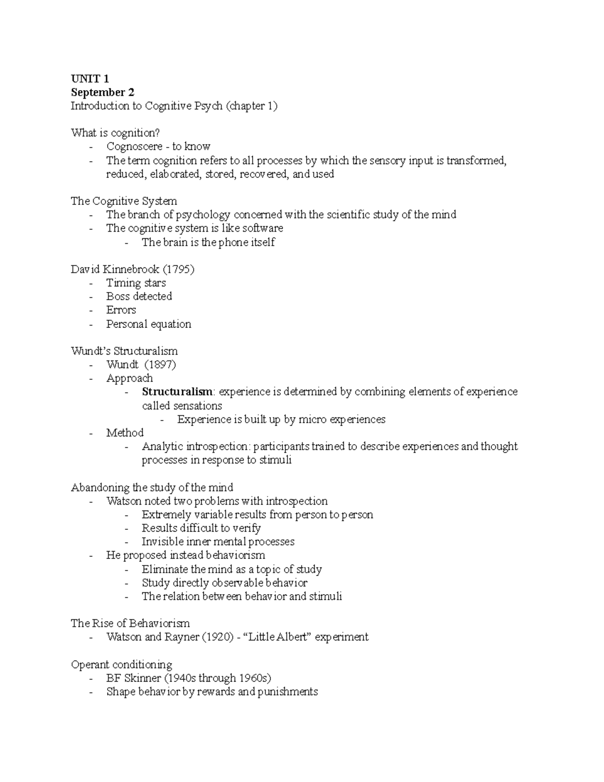 Cognitive Psych (322) - Lecture notes all lectures - UNIT 1 September 2 ...