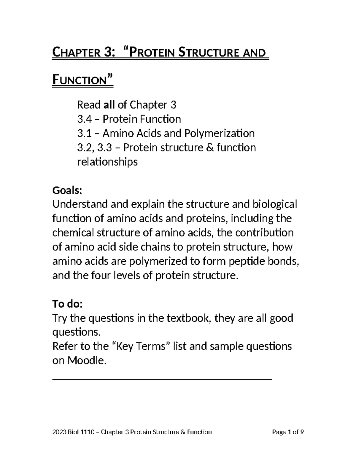 2023 BIOL1110 Ch3 Proteins Notes - CHAPTER 3: “PROTEIN STRUCTURE AND ...