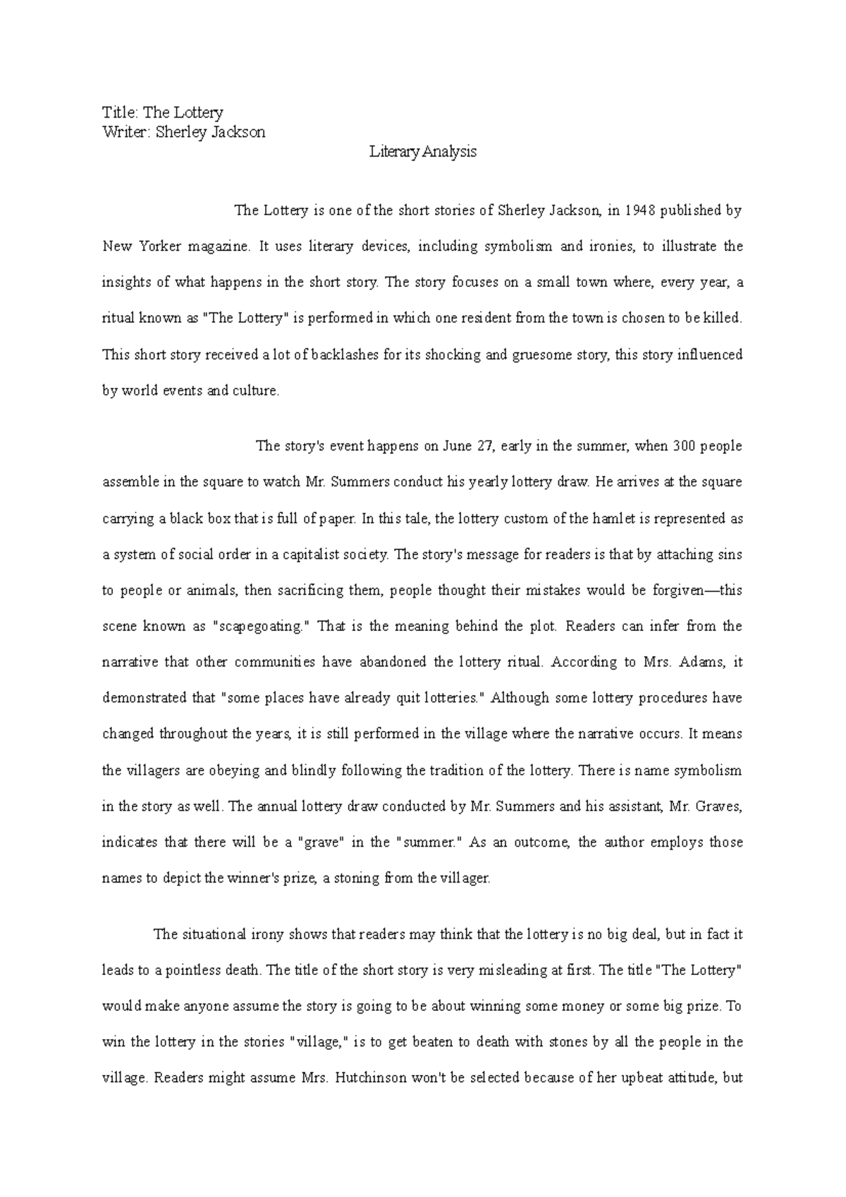 Literary analysis - essay - Title: The Lottery Writer: Sherley Jackson ...
