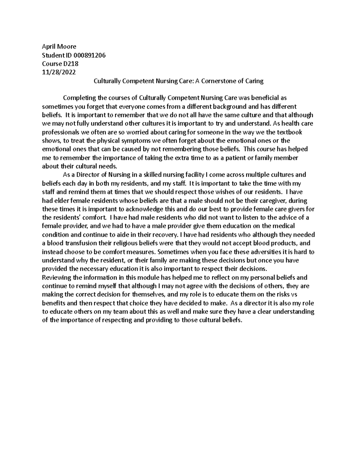 D218 - example - April Moore Student ID 000891206 Course D 11/28 ...
