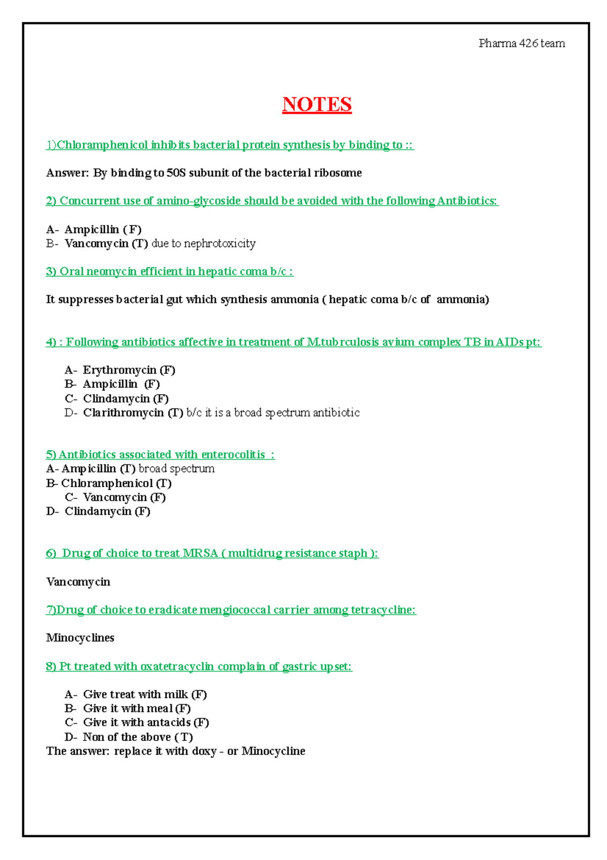 Pharma notes 2 - New lecture - Pharma 426 team NOTES 1)Chloramphenicol ...