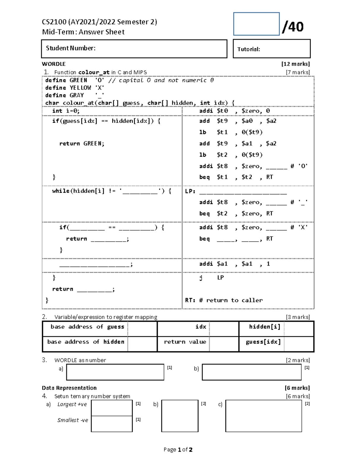 Midterm answer sheet - Page 1 of 2 CS2100 (AY20 21 /2022 Semester 2) Mid-Term: Answer Sheet ...